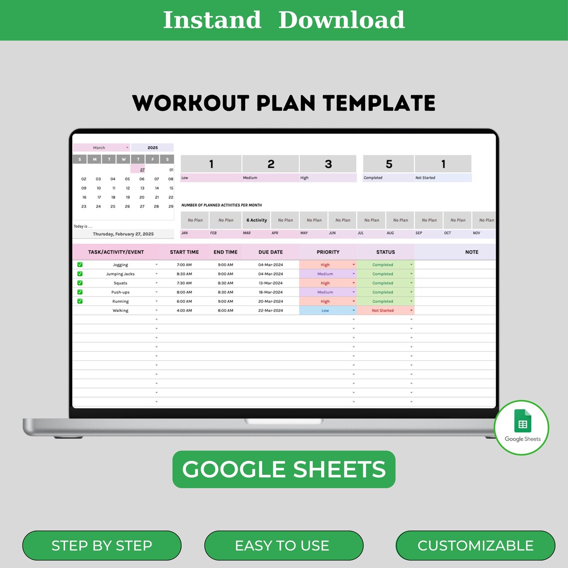 Workout Plan Template, Google Sheets, Editable, Digital Download ...