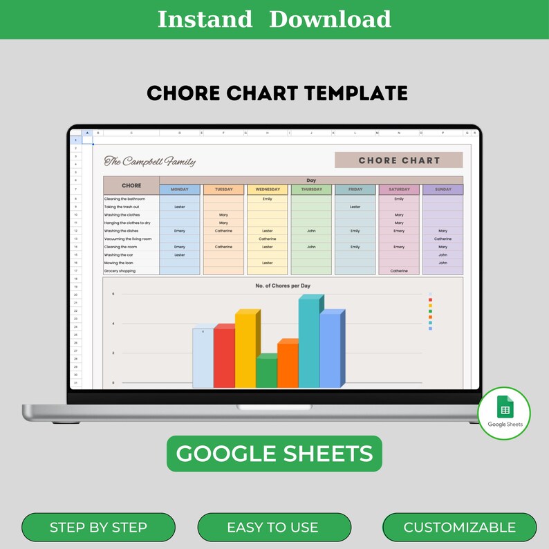 Chore Chart Template, Digital Download, Editable Google Sheets, Easy-to ...