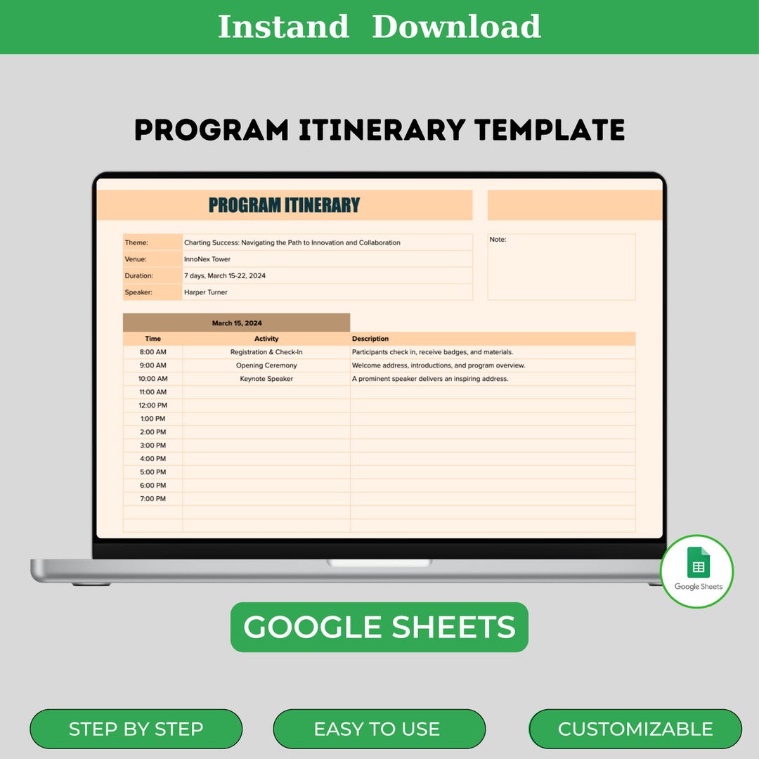 Program Itinerary Template, Editable Google Sheets for Event and ...