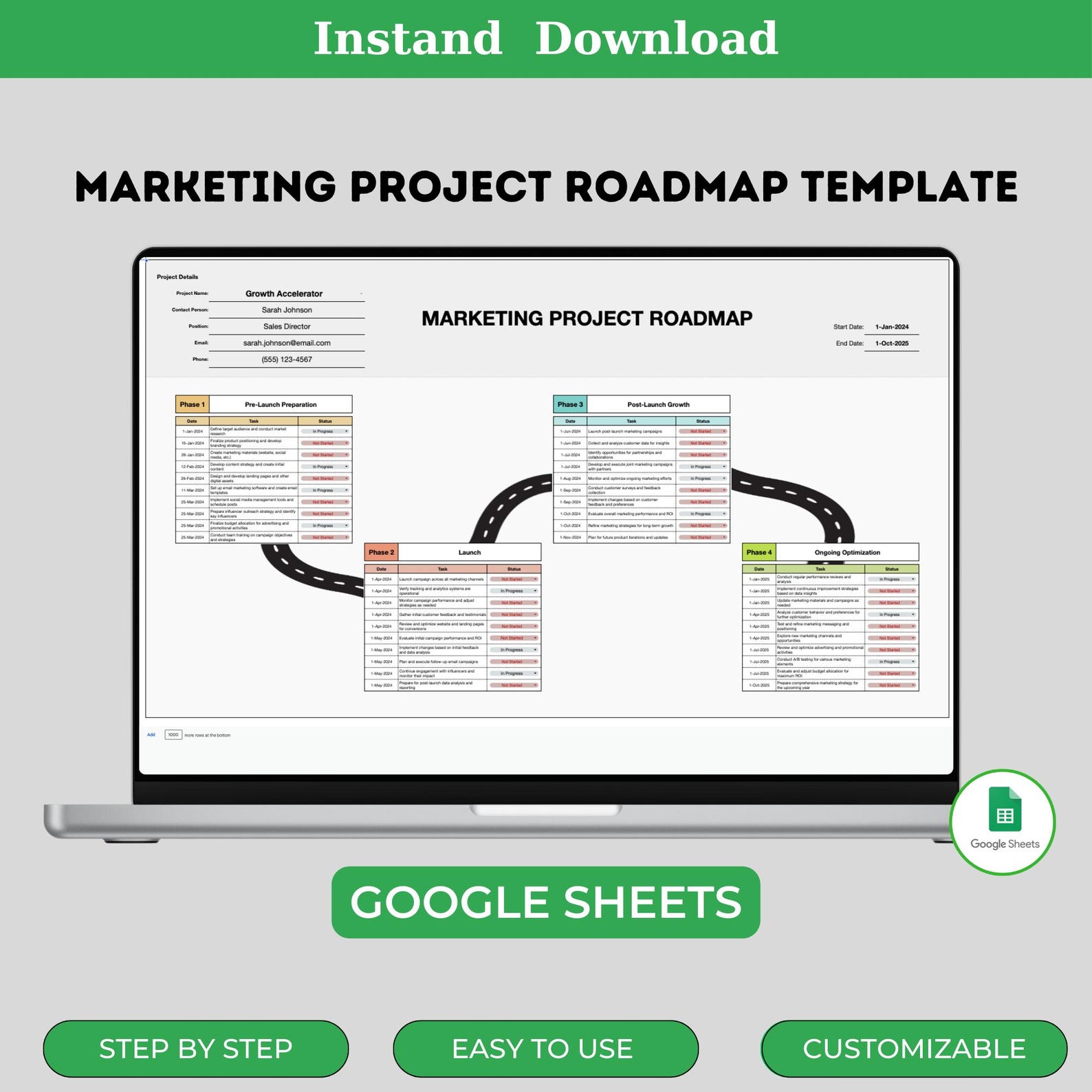 Marketing Project Roadmap Template, Editable Google Sheets for Campaign ...