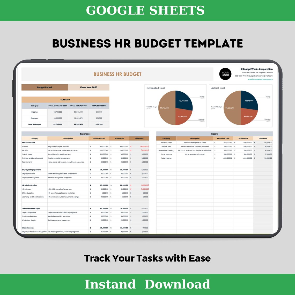 Business HR Budget Template, Editable Google Sheets for Human Resources ...
