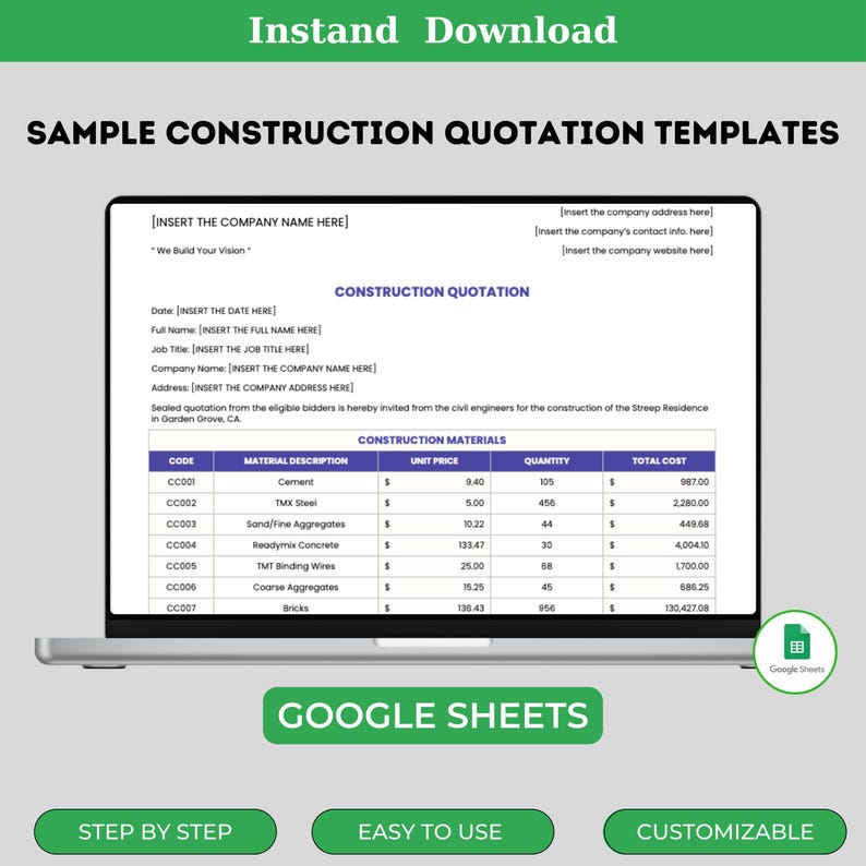 Sample Construction Quotation Template, Digital Download, Editable ...