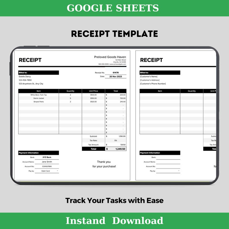 Editable Receipt Template, Digital Download for Business, Google Sheets ...