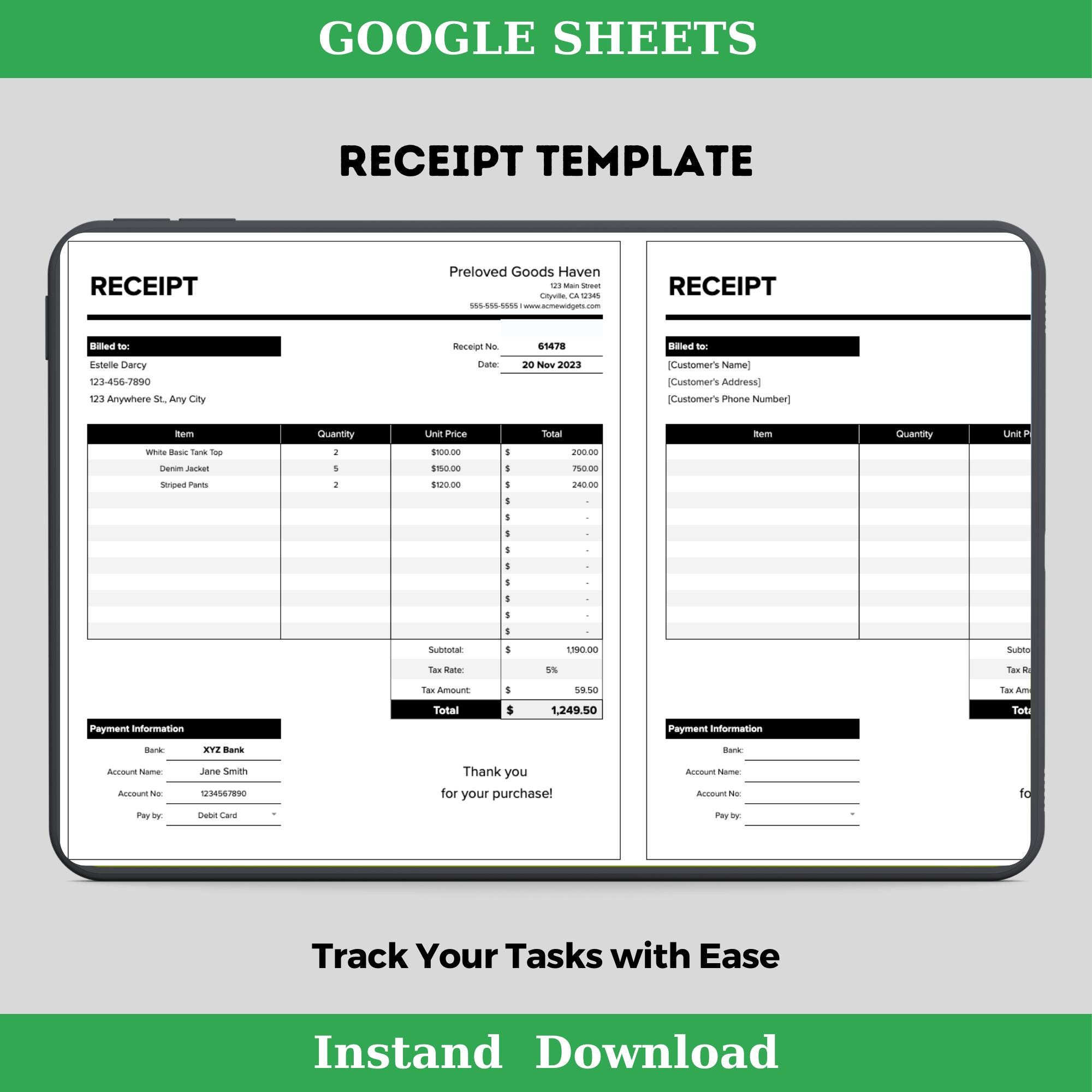 Editable Receipt Template, Digital Download for Business, Google Sheets ...