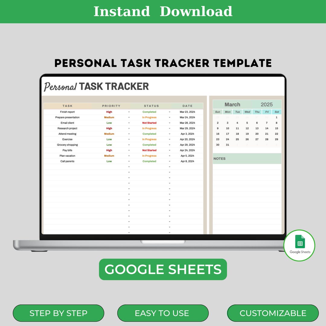 Personal Task Tracker Template, Google Sheets, Digital Download ...