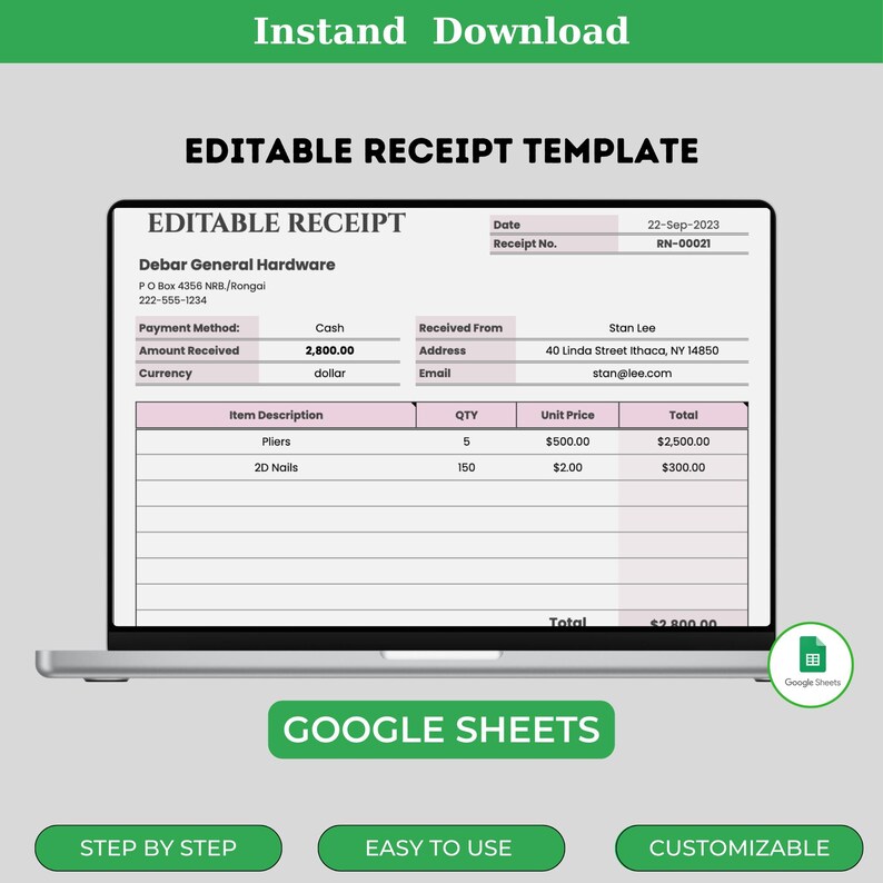 Editable Receipt Template, Google Sheets Customizable Receipt for Sales ...