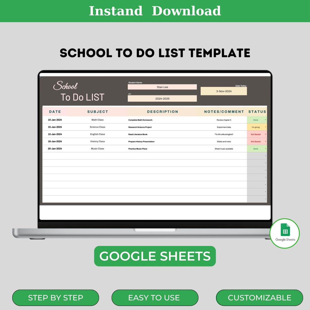 School to Do List Template, Editable Google Sheets for Tracking ...
