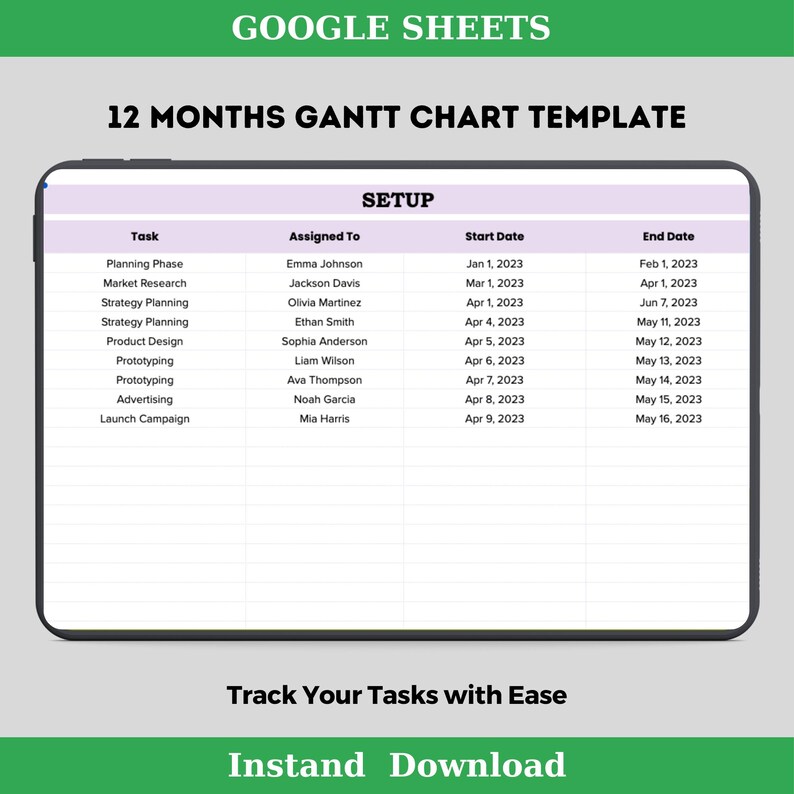 12 Months Gantt Chart Template, Editable Google Sheets for Yearly ...