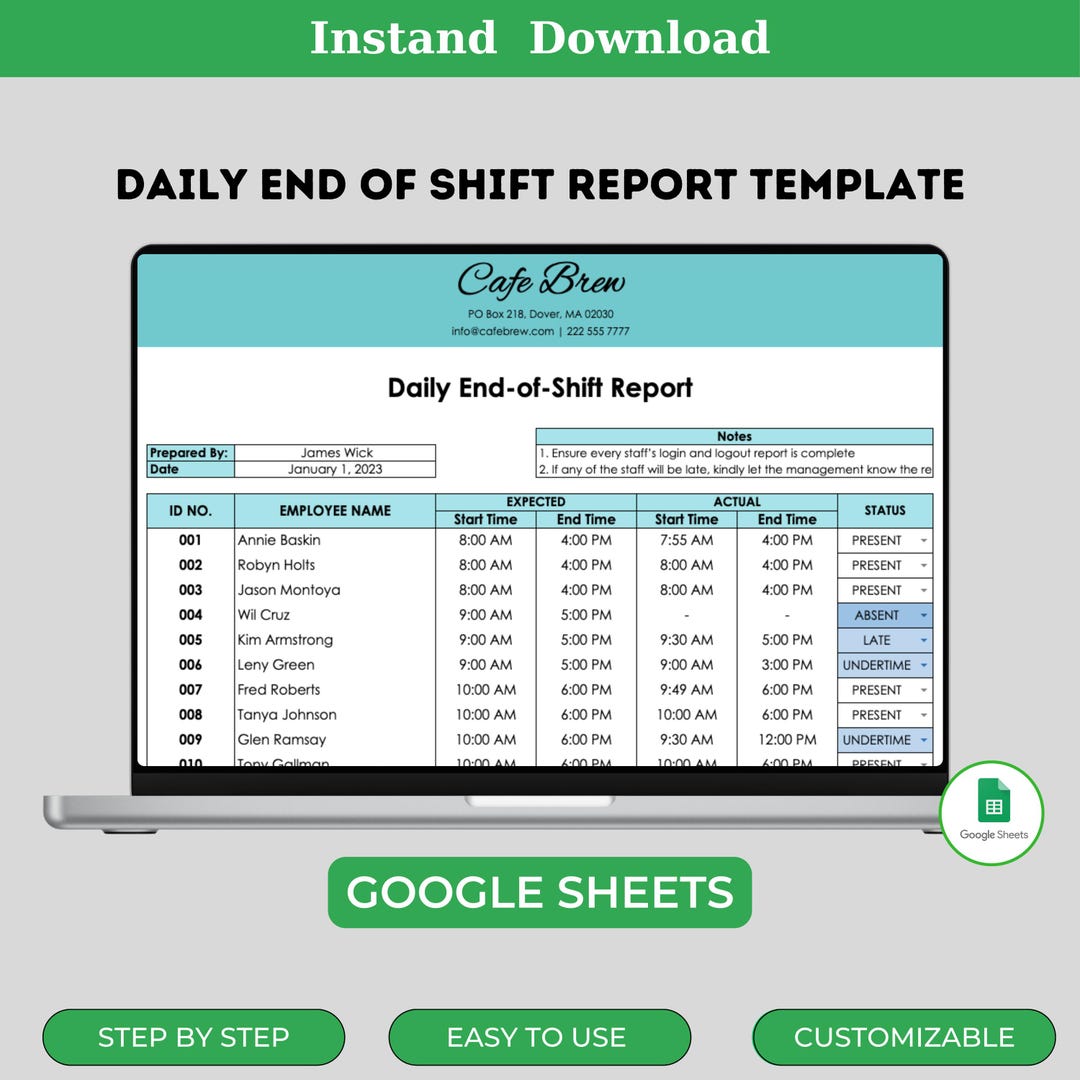 Daily End of Shift Report Template, Employee Shift Log, Work Summary, Google Sheets, Editable ...