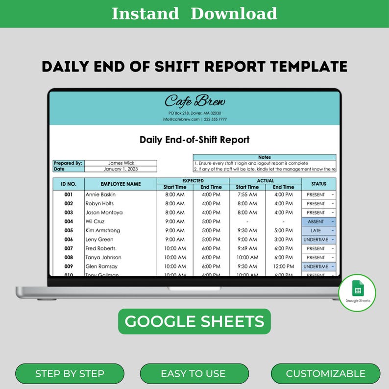 Daily End of Shift Report Template, Employee Shift Log, Work Summary ...