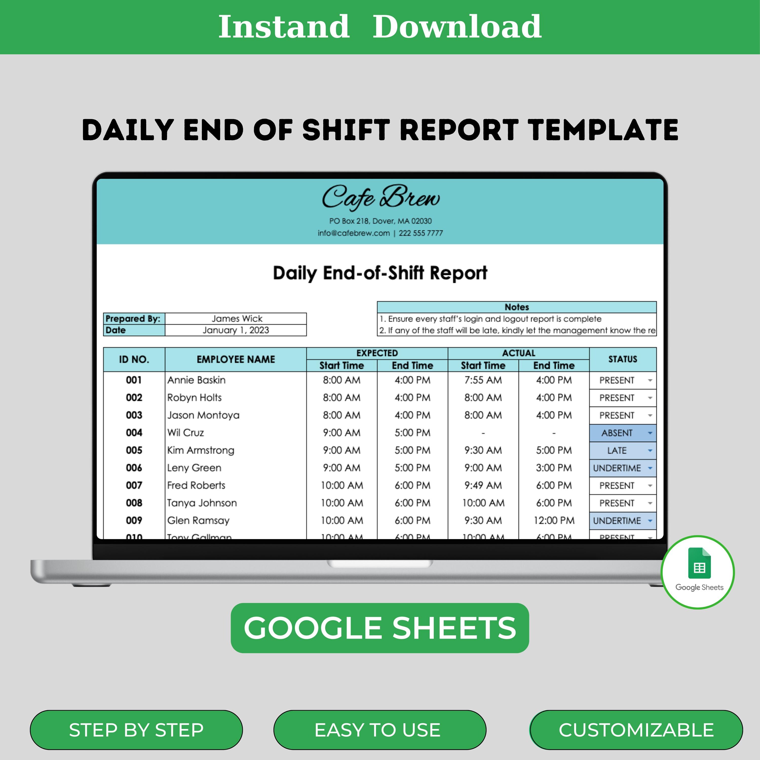 Daily End of Shift Report Template, Employee Shift Log, Work Summary ...