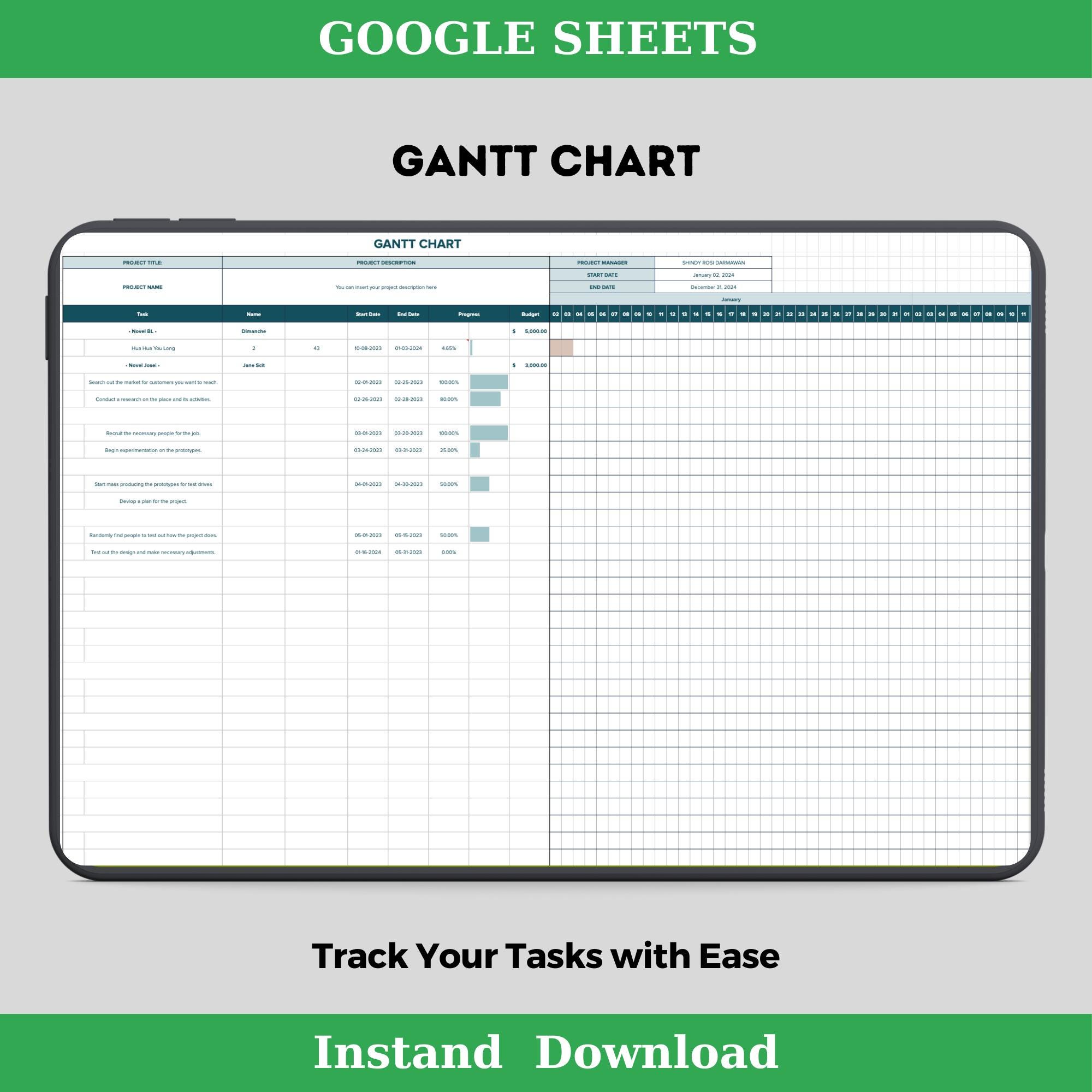 Gantt Chart Template, Editable Google Sheets for Project Planning and ...