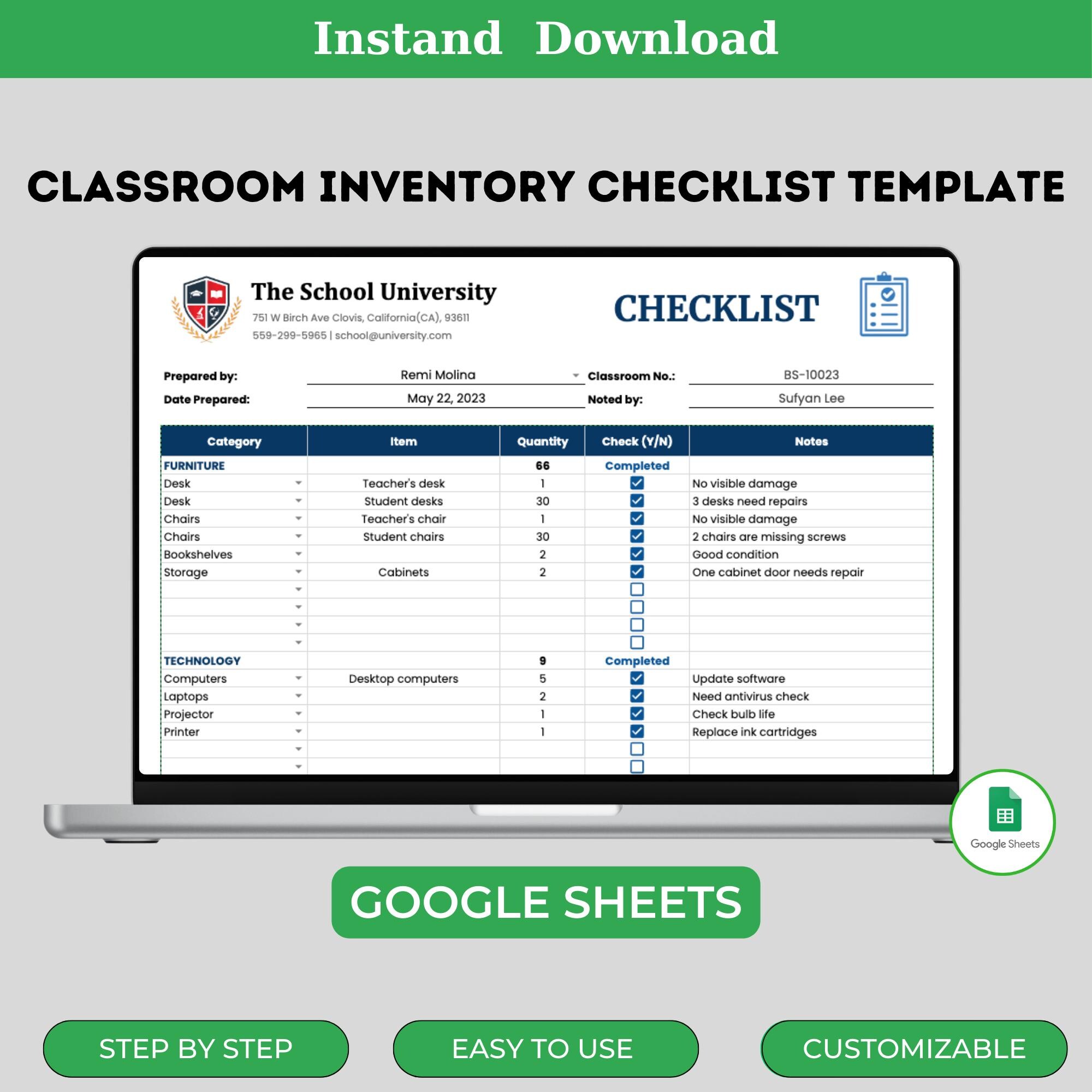 Classroom Inventory Checklist Template, Editable Google Sheets for ...