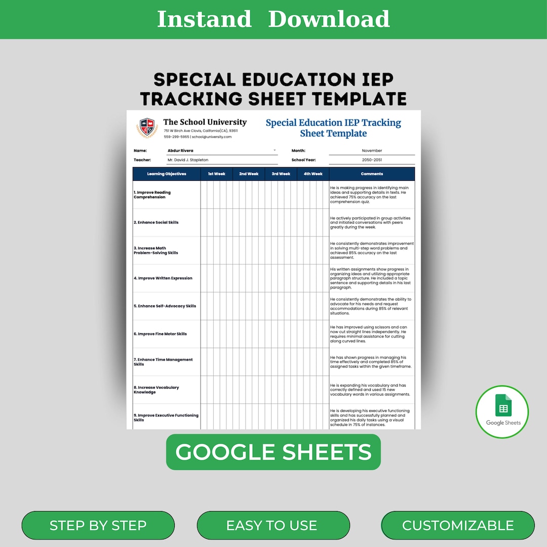 Special Education IEP Tracking Sheet, Student Progress Log, SPED Goal ...