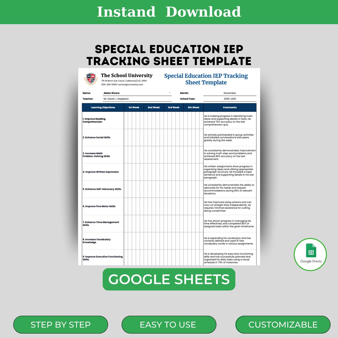 Special Education IEP Tracking Sheet, Student Progress Log, SPED Goal ...