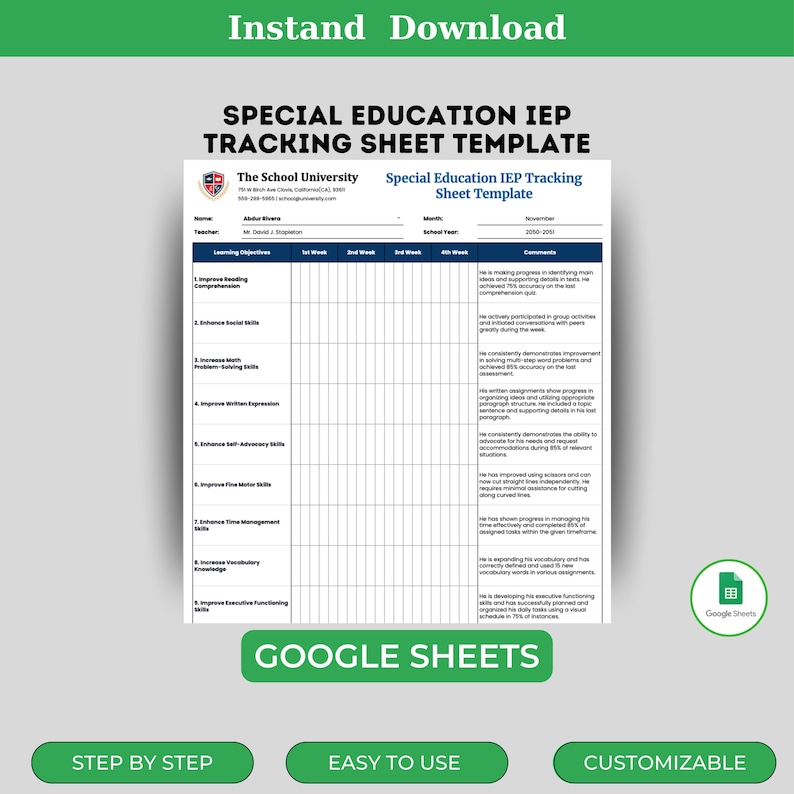 Special Education IEP Tracking Sheet, Student Progress Log, SPED Goal ...