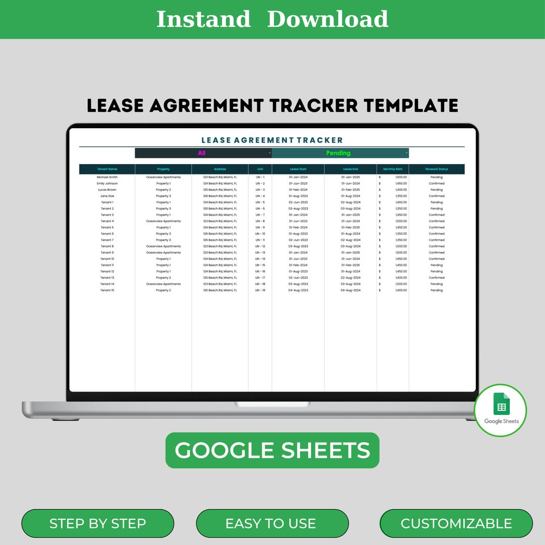 Lease Agreement Tracker Template, Rental Contract Management, Tenant ...