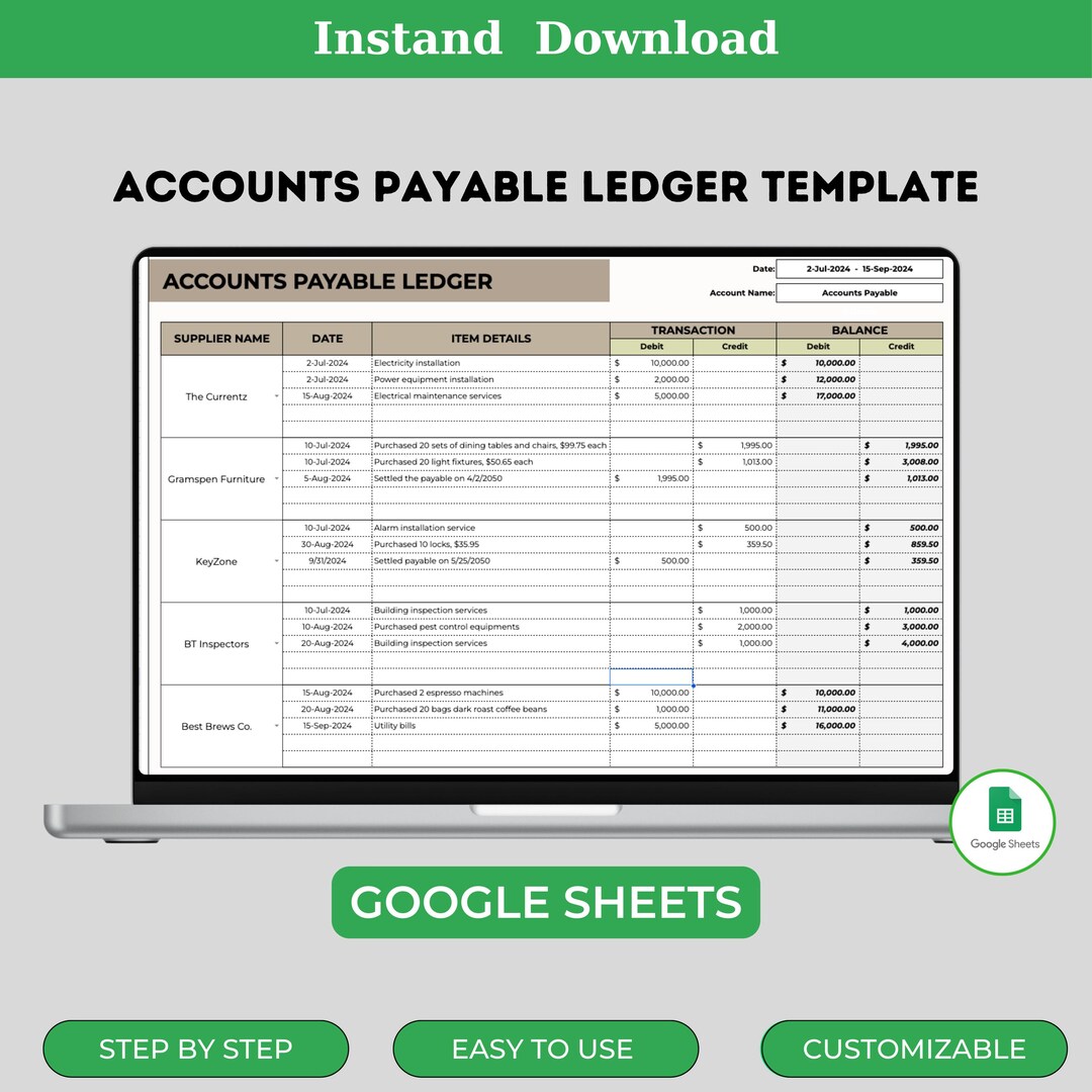 Accounts Payable Ledger Template, Google Sheets, Digital Download ...