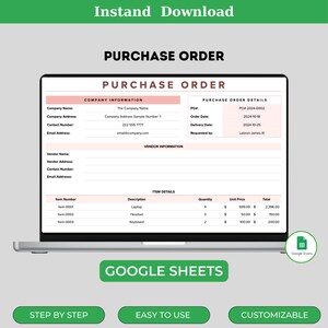 Editable Purchase Order Template, Google Sheets Digital Download for ...