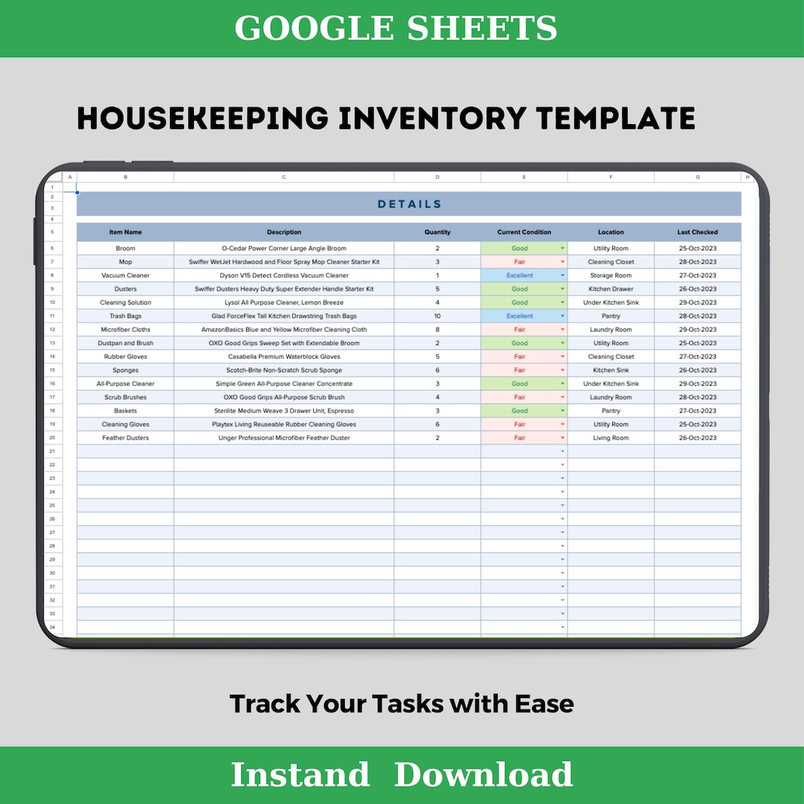 Housekeeping Inventory Template, Digital Download, Editable Google ...