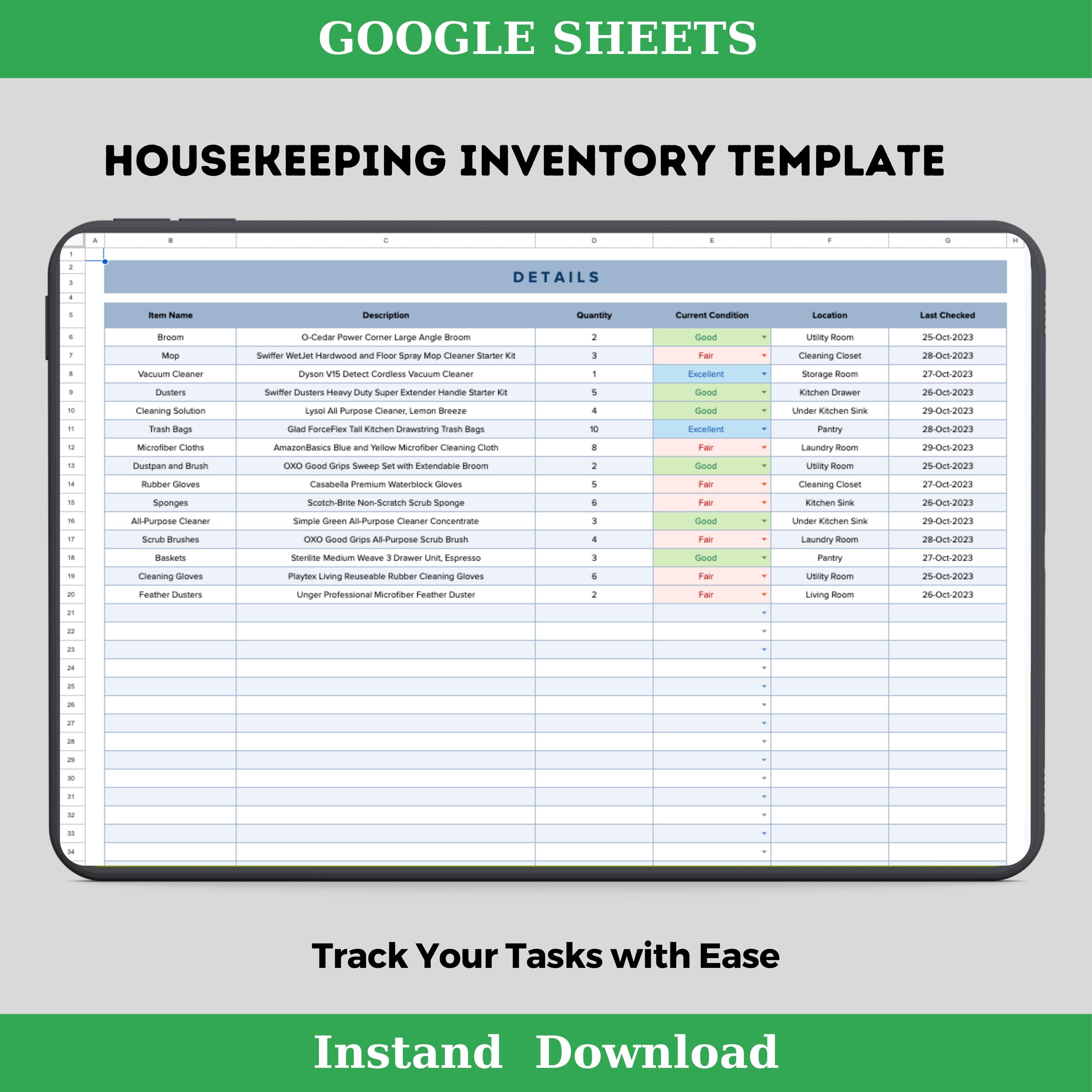 Housekeeping Inventory Template, Digital Download, Editable Google ...