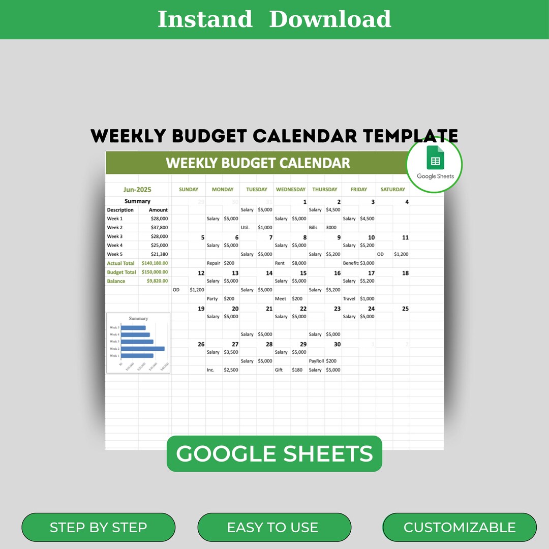 Weekly Budget Calendar Template, Expense Planner Sheet, Money ...