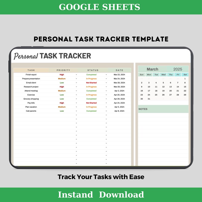 Personal Task Tracker Template, Google Sheets, Digital Download ...