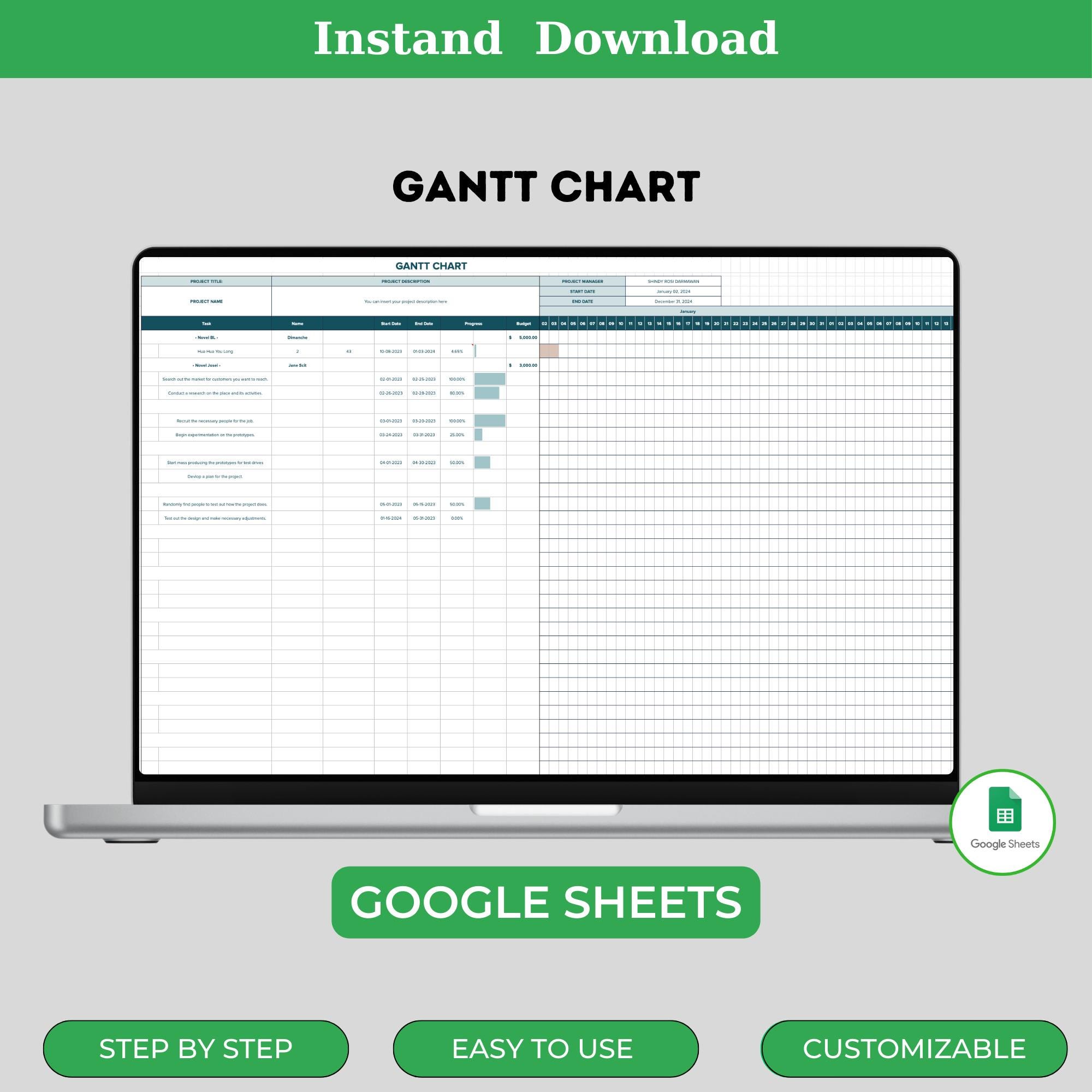 Gantt Chart Template, Editable Google Sheets for Project Planning and ...