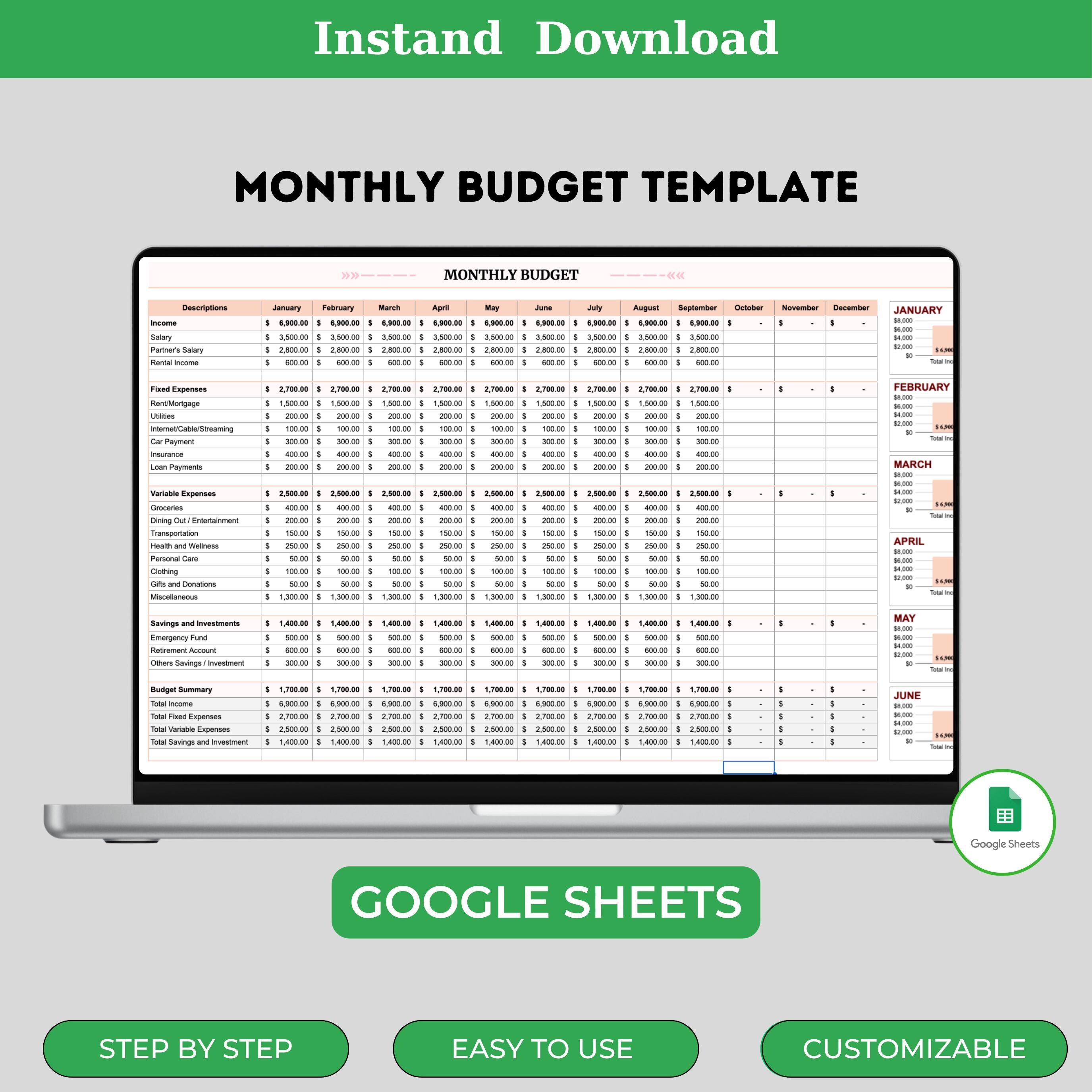 Monthly Budget Template, Editable Google Sheets for Personal and ...