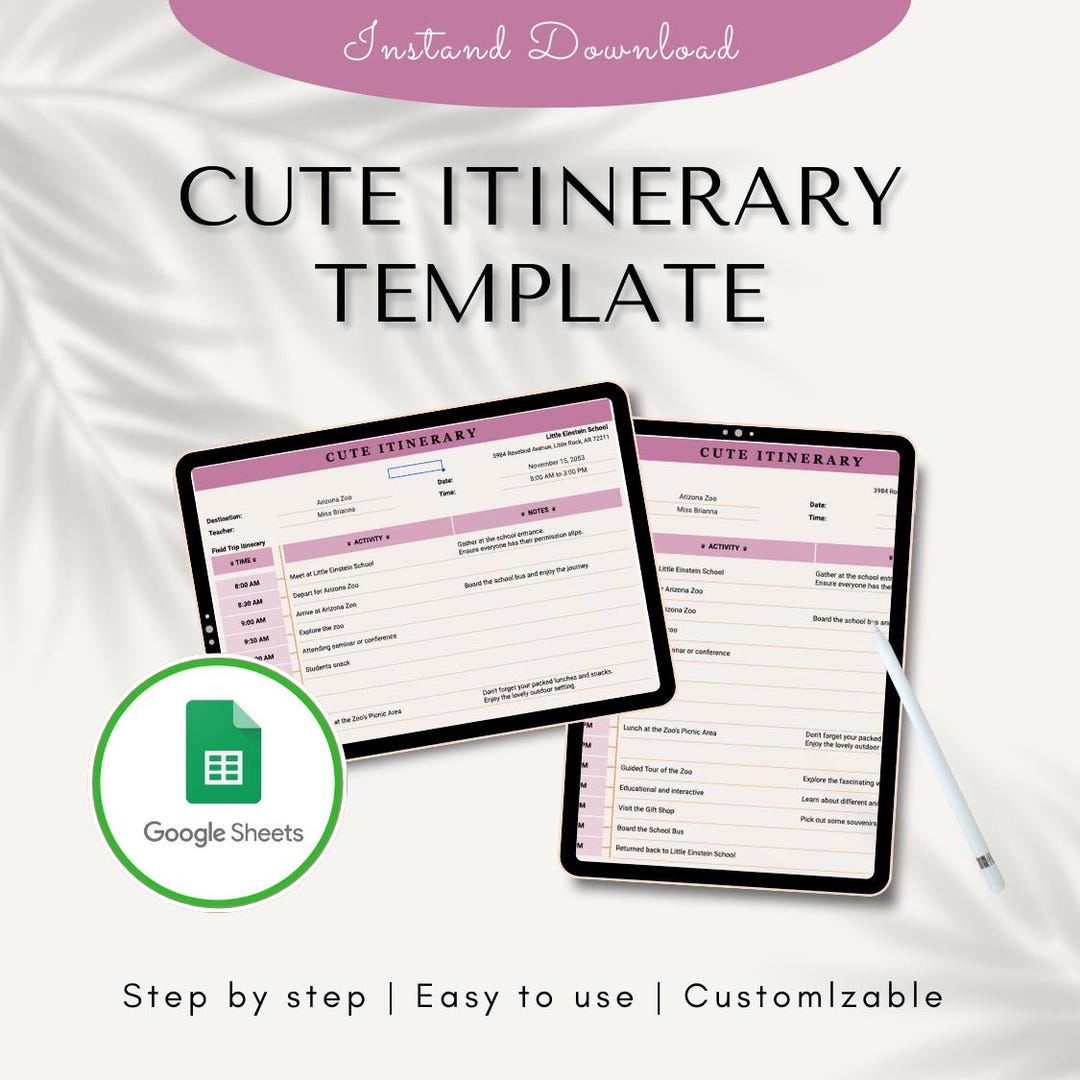 Cute Itinerary Template, Digital Download, Editable Google Sheets, Easy ...