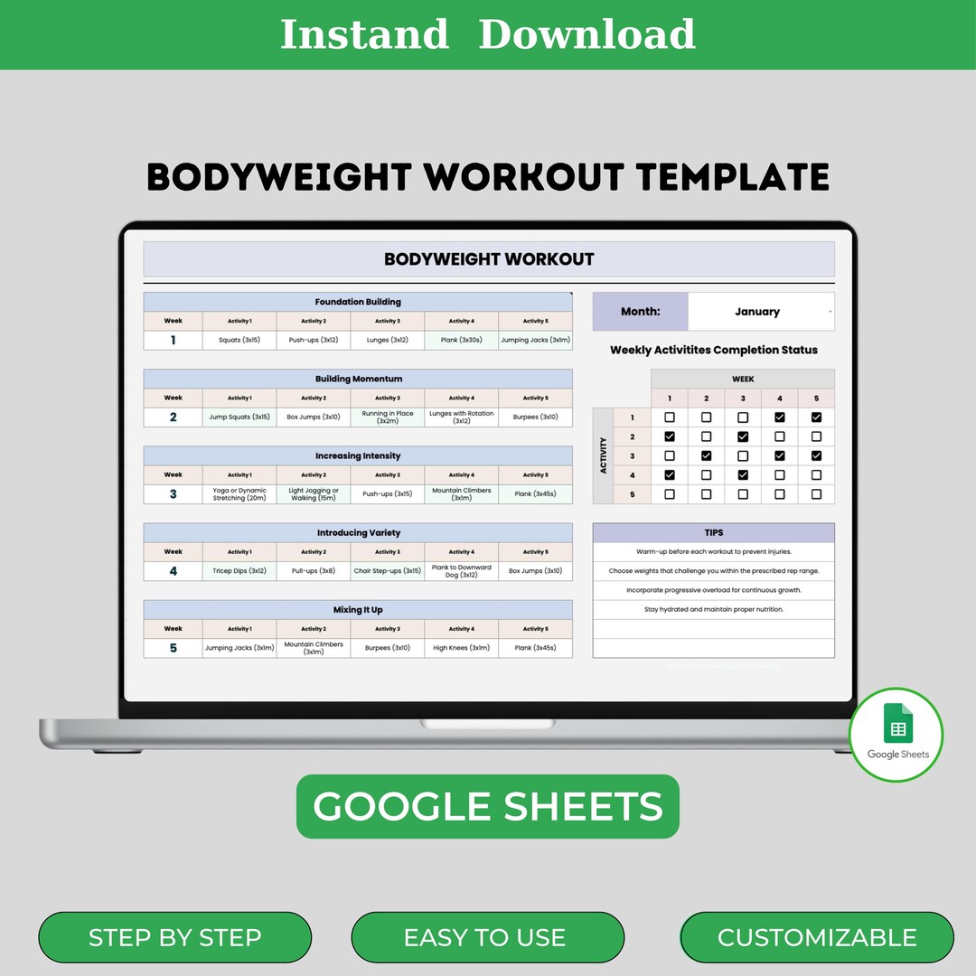 Bodyweight Workout Template, Editable Google Sheets, Digital Download ...