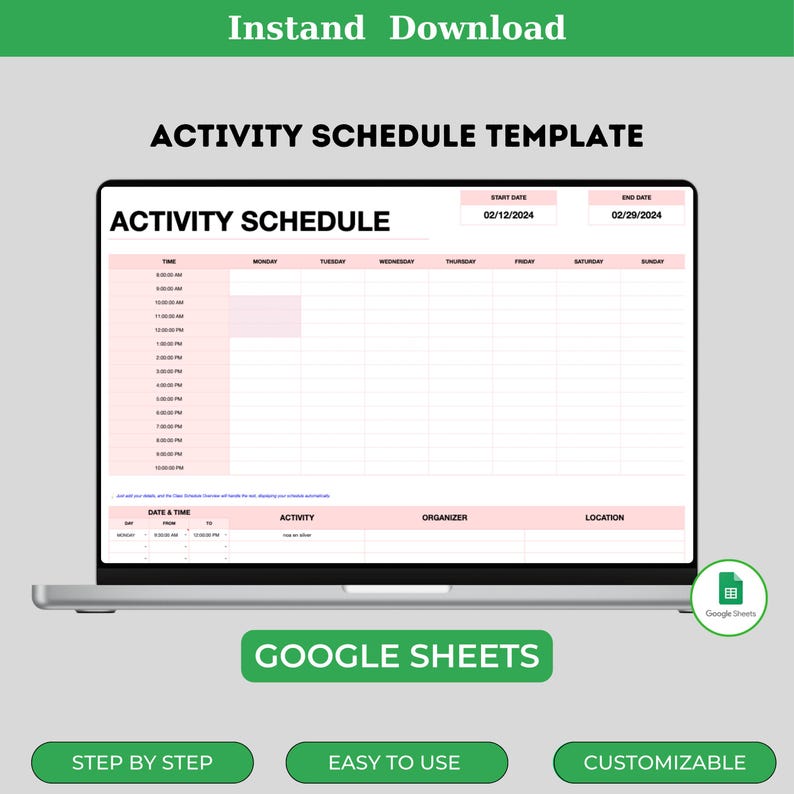 Activity Schedule Template, Editable Google Sheets for Event and Task ...