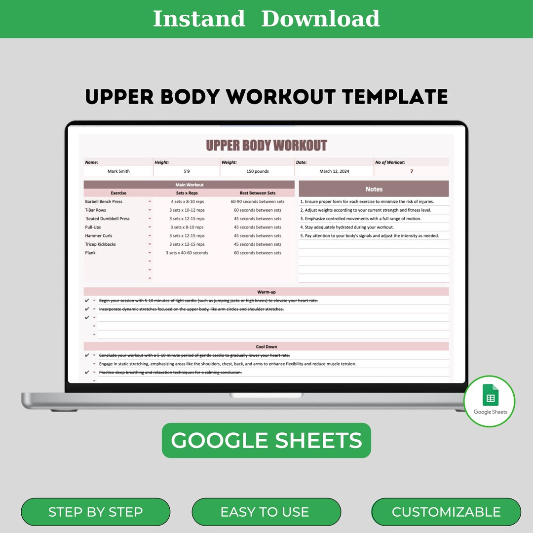 Upper Body Workout Template, Google Sheets, Editable, Digital Download ...