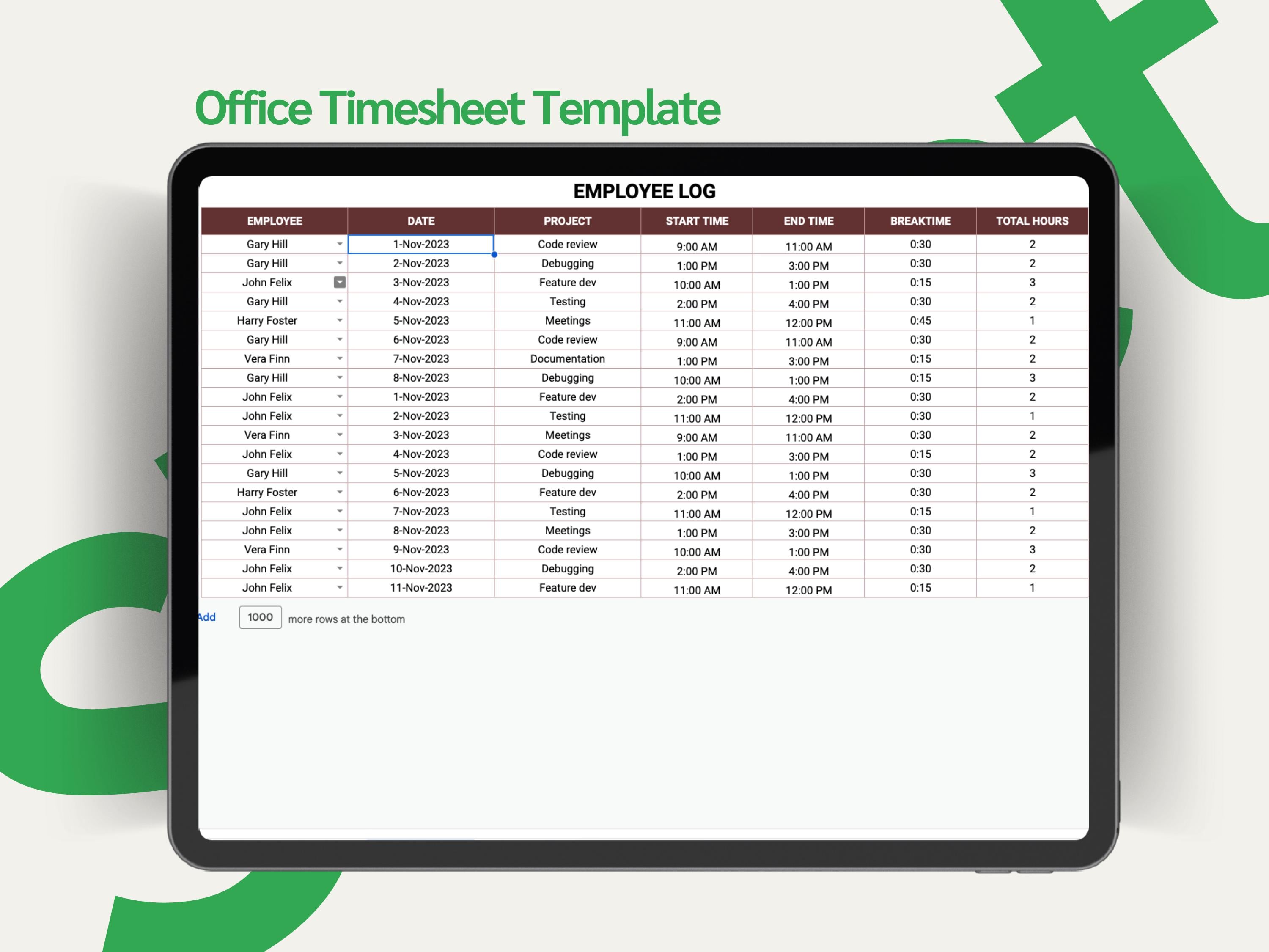 Office Timesheet Template, Editable Google Sheets for Employee Time ...