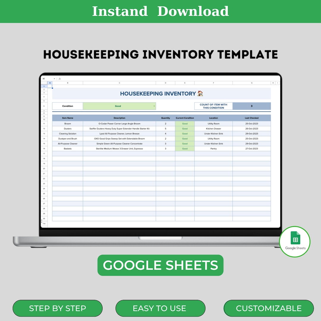 Housekeeping Inventory Template, Digital Download, Editable Google ...