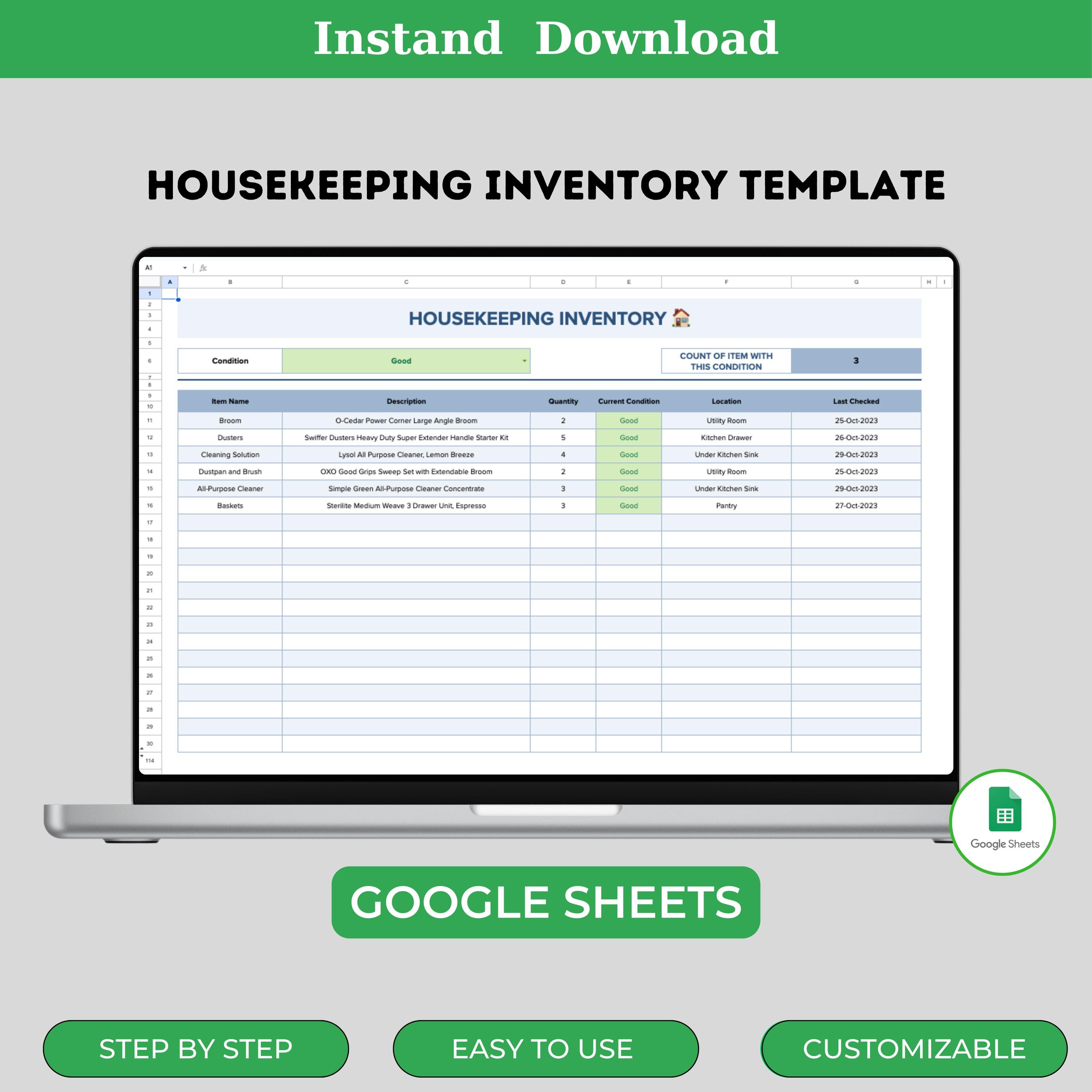 Housekeeping Inventory Template, Digital Download, Editable Google ...