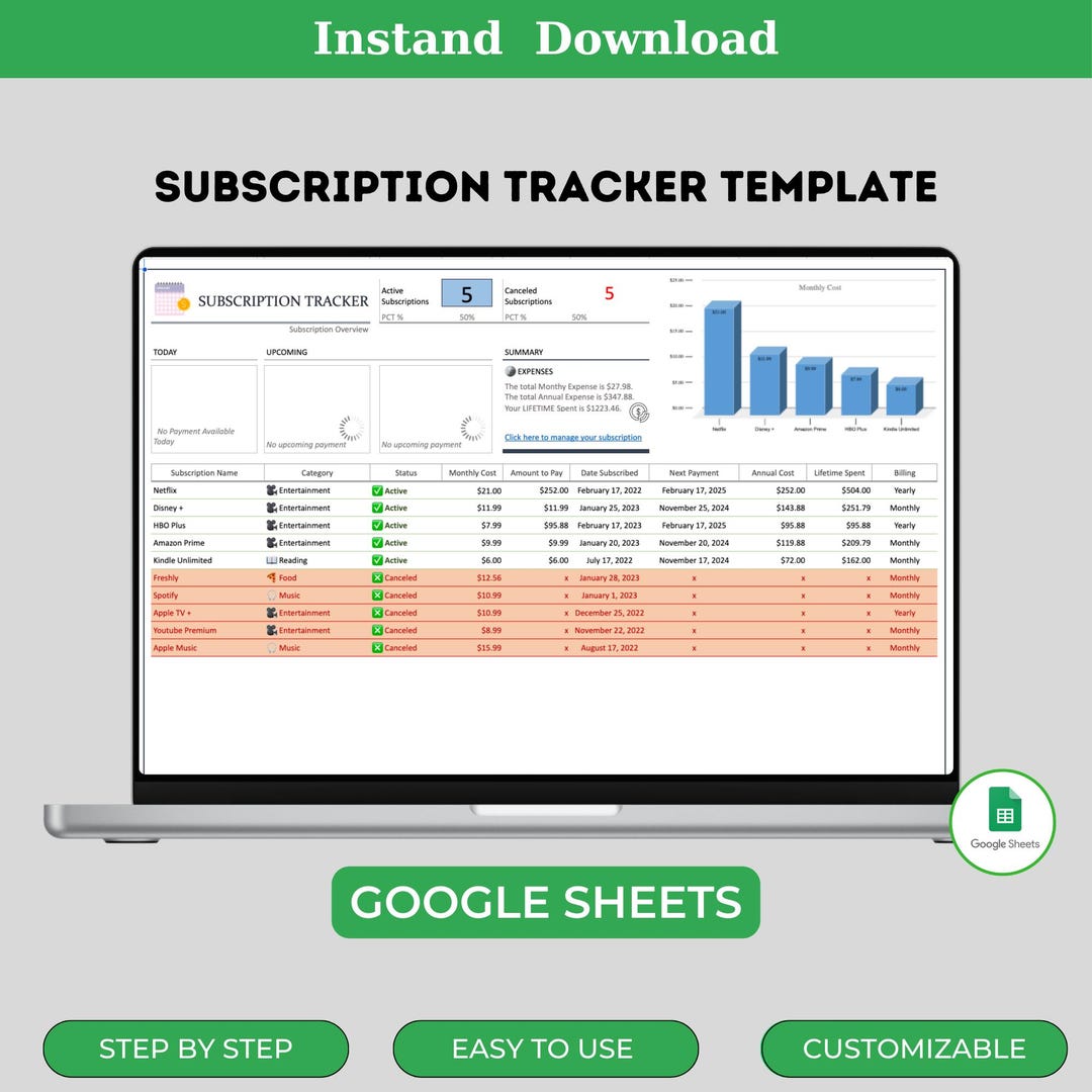 Subscription Tracker Template, Editable Google Sheets for Tracking ...
