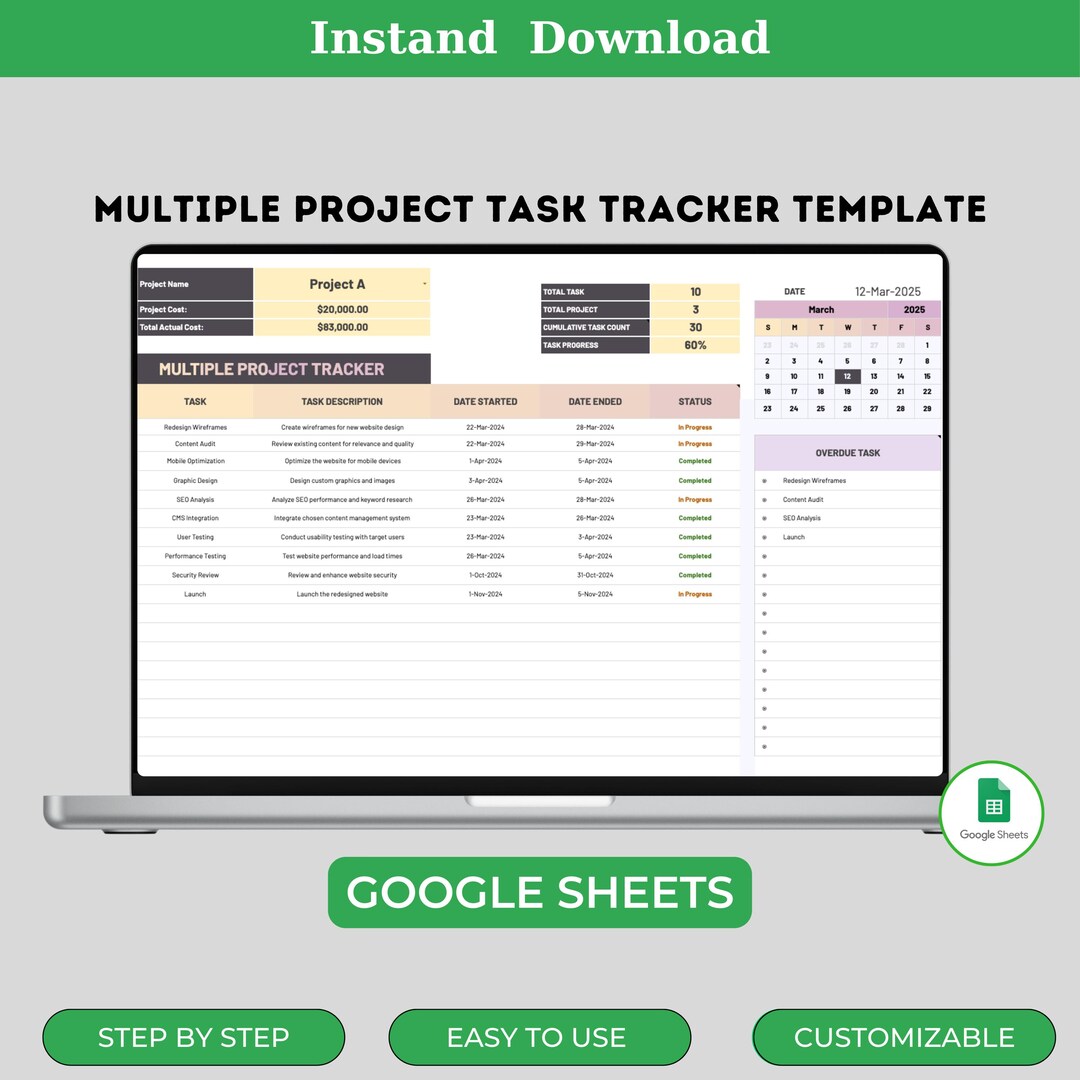 Multiple Project Task Tracker Template, Google Sheets, Digital Download ...