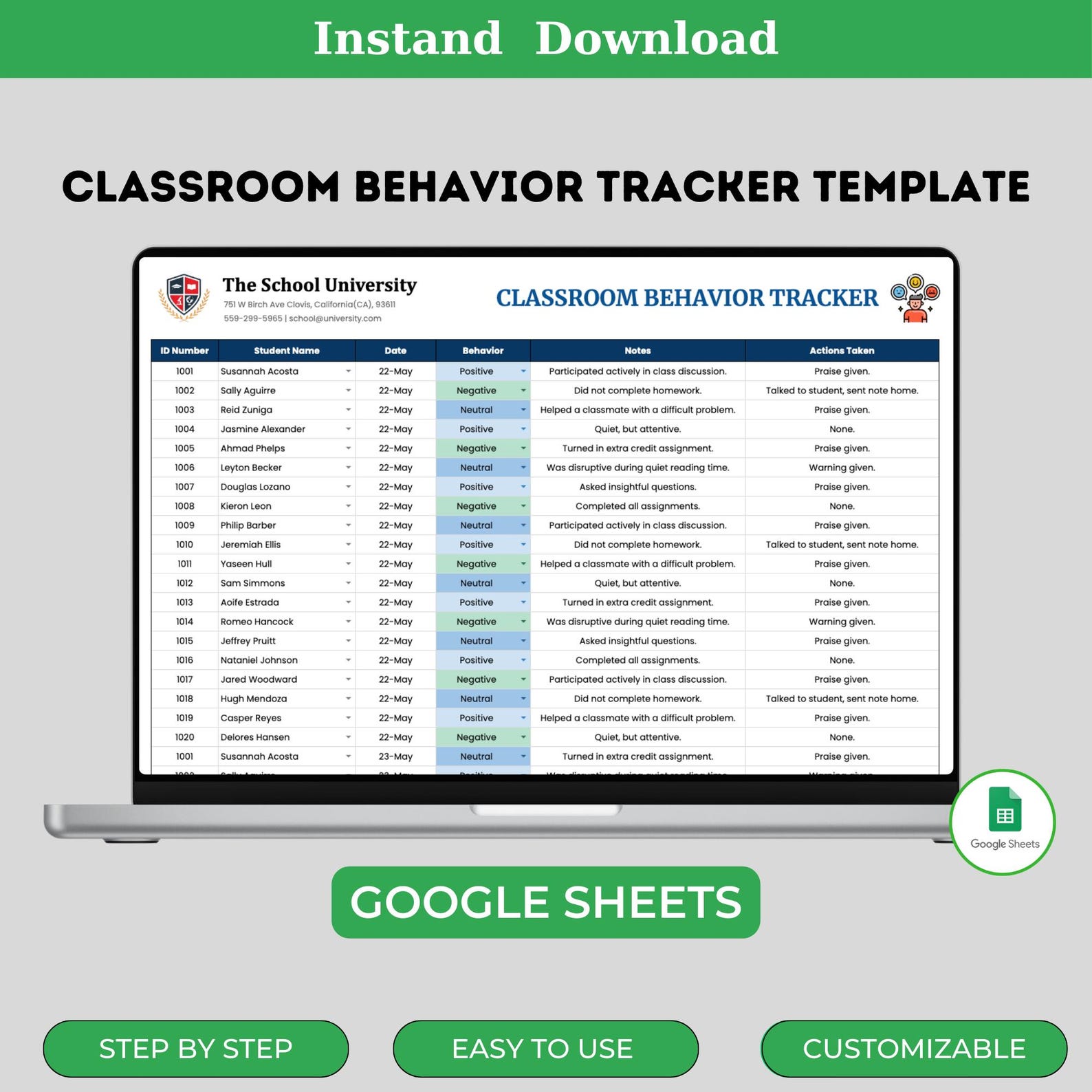 Classroom Behavior Tracker Template, Editable Google Sheets for Student ...