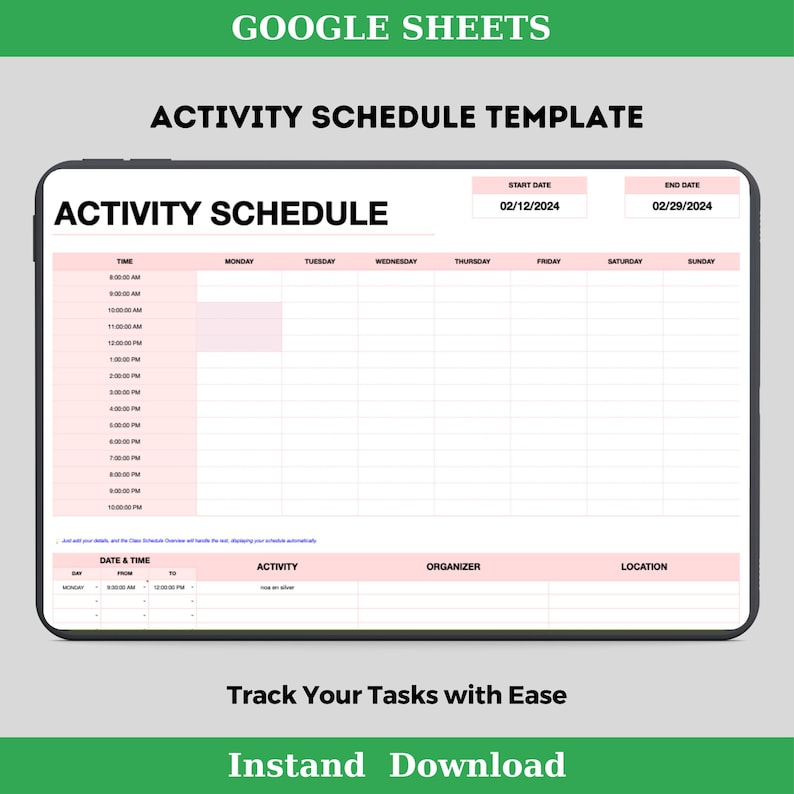 Activity Schedule Template, Editable Google Sheets for Event and Task ...