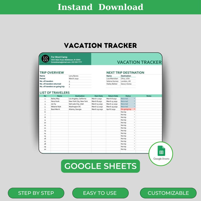 Vacation Tracker Template, PTO and Leave Log, Employee Time off Planner ...