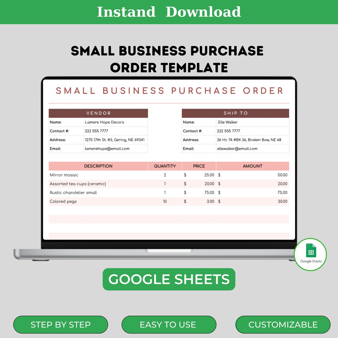 Small Business Purchase Order Template, PO Tracker, Vendor Order Form ...