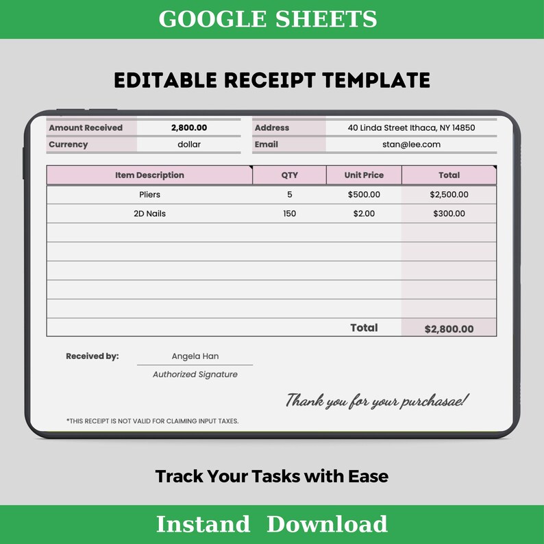 Editable Receipt Template, Google Sheets Customizable Receipt for Sales and Payments, Digital ...