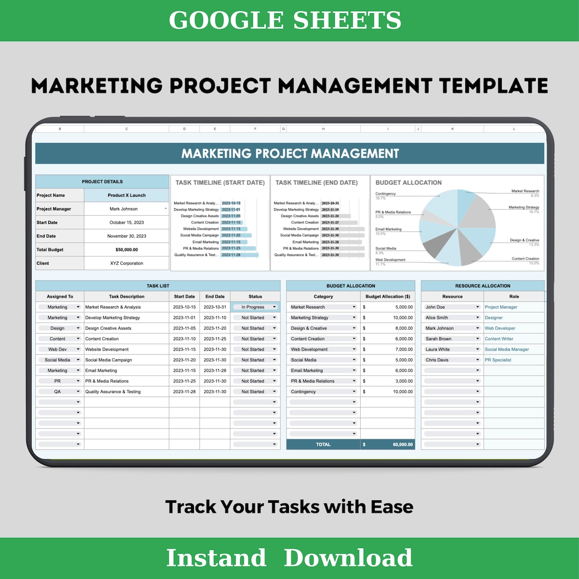 Marketing Project Management Template, Digital Download, Editable ...