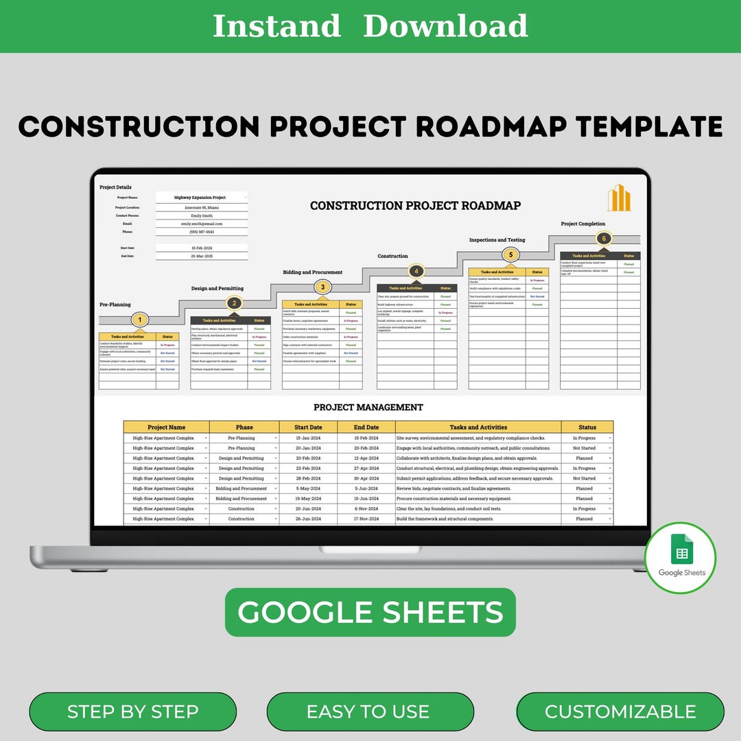Construction Project Roadmap Template, Editable Google Sheets for ...