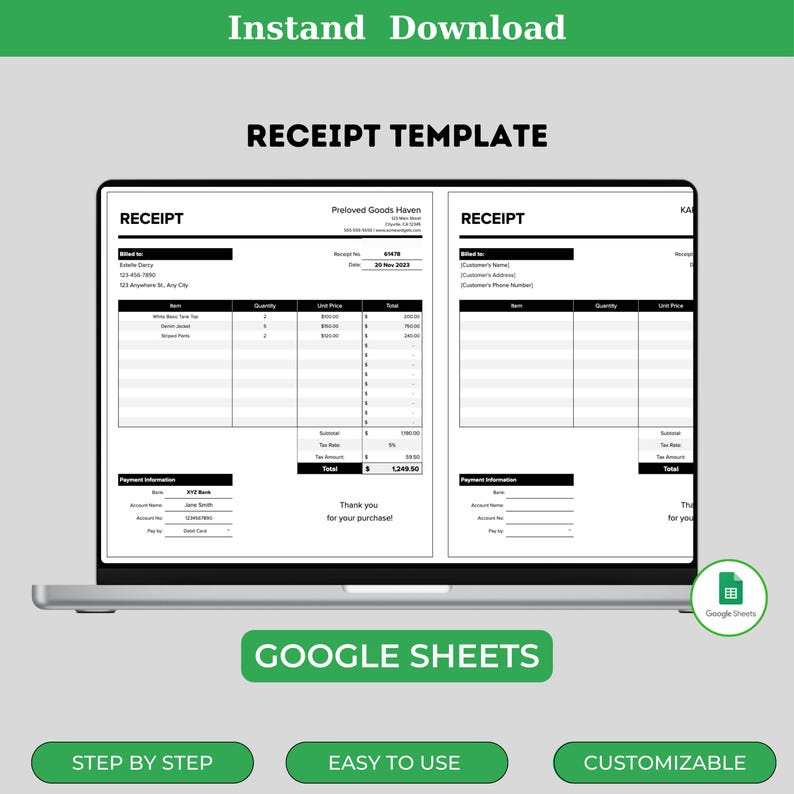 Editable Receipt Template, Digital Download for Business, Google Sheets ...