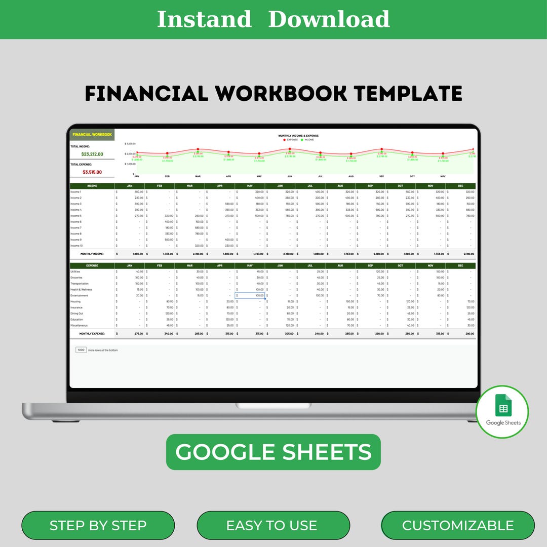 Financial Workbook Template, Budget & Expense Tracker, Google Sheets ...