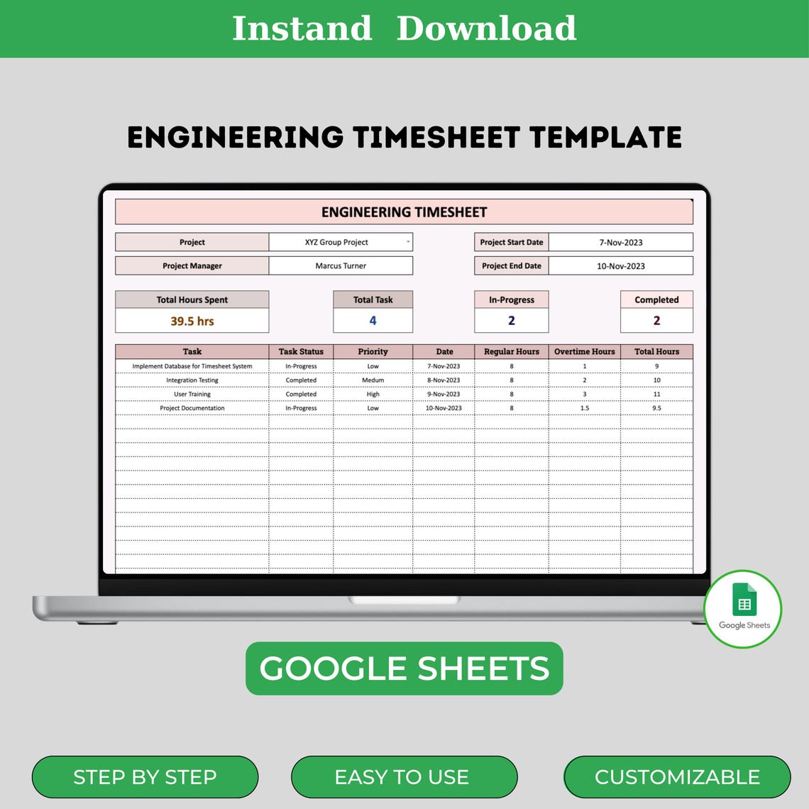 Engineering Timesheet Template, Digital Download, Editable Google Sheets, Easy-to-use Work Hour ...