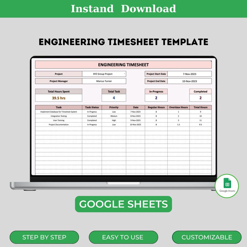 Engineering Timesheet Template, Digital Download, Editable Google Sheets, Easy-to-use Work Hour ...