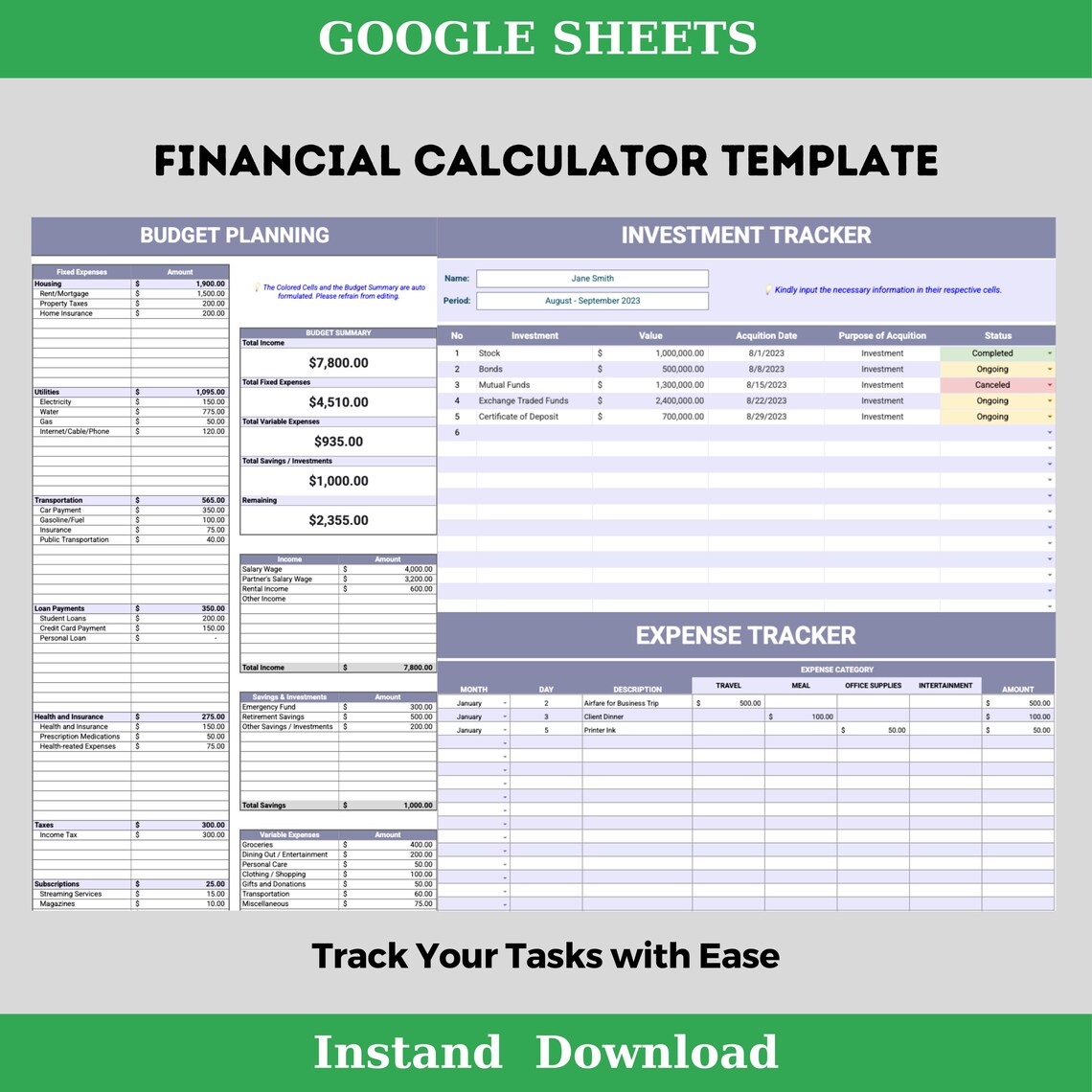 Financial Calculator Template, Budget & Expense Tracker, Google Sheets ...